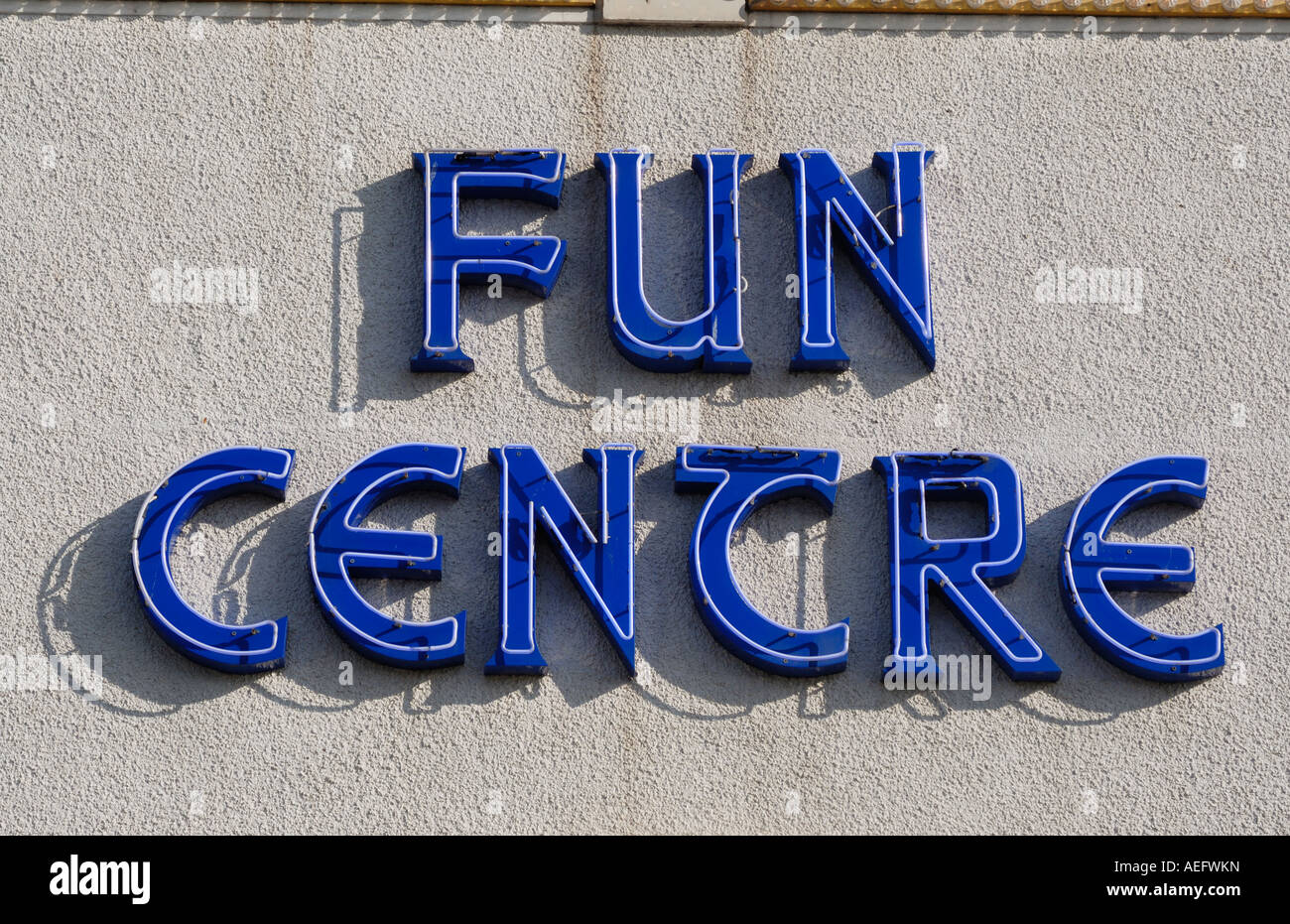 Sign for the Fun Centre on the promenade in the coastal resort town of ...