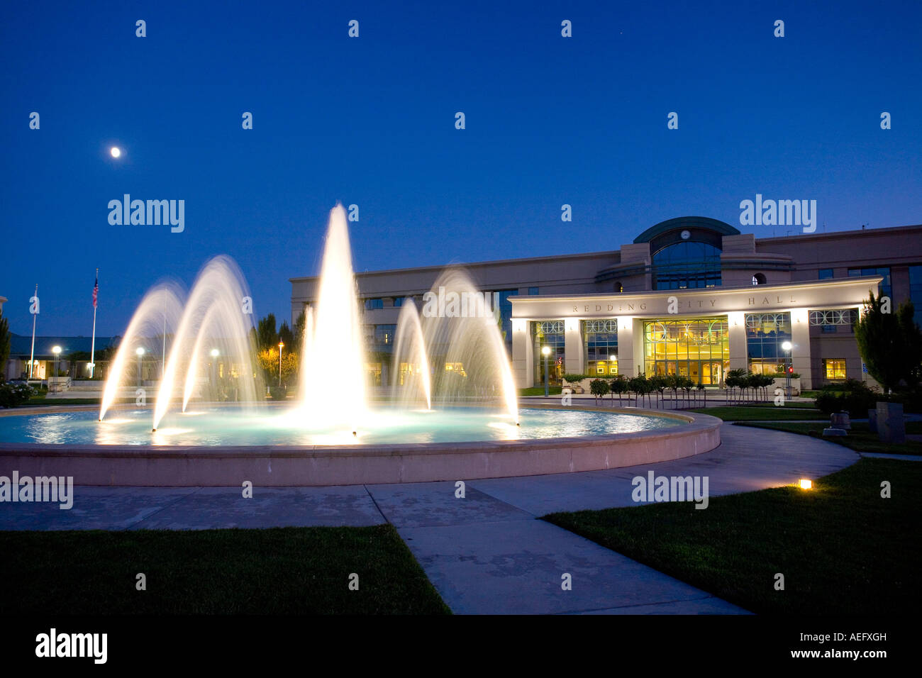 Fountains at Redding City Hall at night, Redding, California Stock ...
