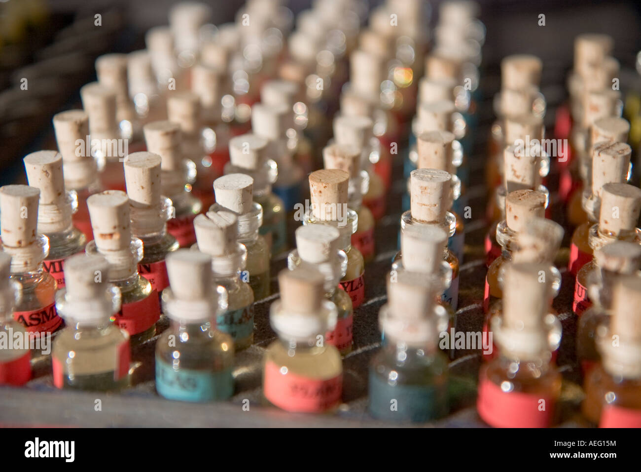 Several small essence bottles with cork Stock Photo - Alamy