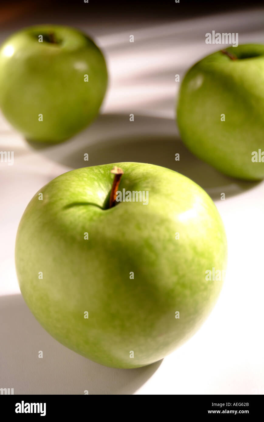 Fruits Vegetables apple apples green stem shiny glow three round fleshy ...