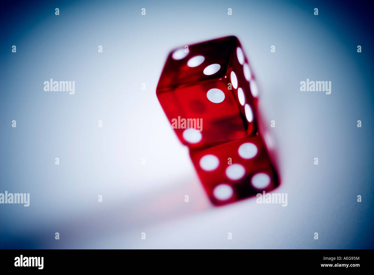 Two stacked cherry red gaming dice on white surface with cool blue ...
