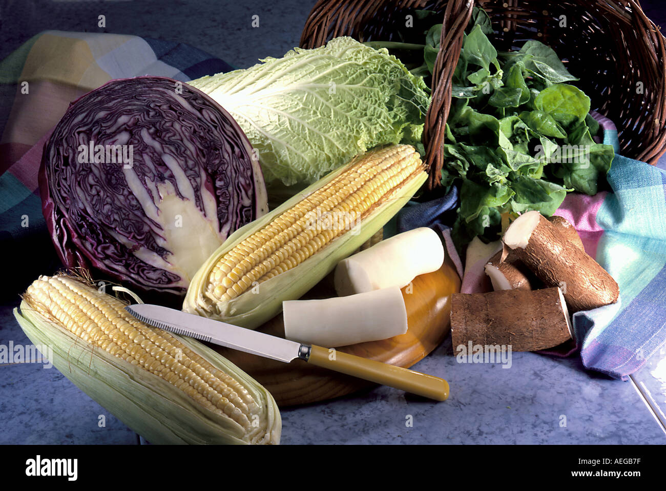 Food cabbage landscape vegetable greens cassava manioc corn corncob ear ...