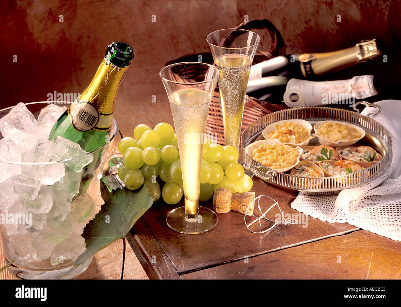 Food champagne fizzy bubbly sparkling wine glasses long grapes cork ...