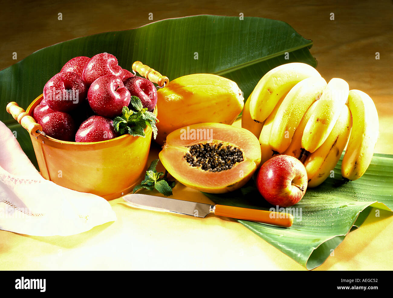 tropical fruits bananas banana cluster hand guava melon apple bucket ...