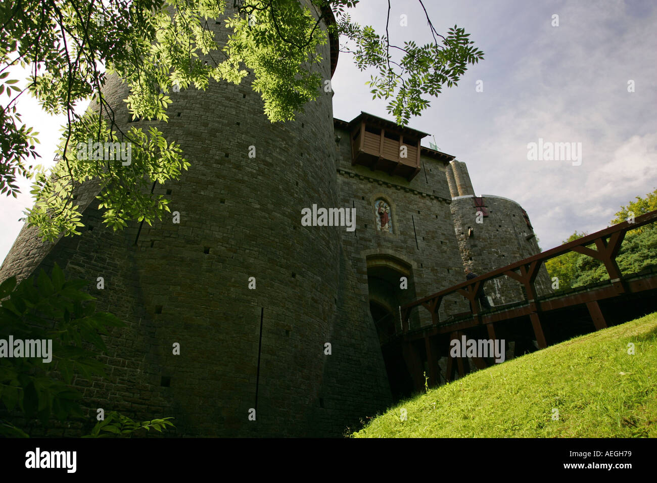 Closeup of the ancient stone architecture of Castle Coch Taff velley ...