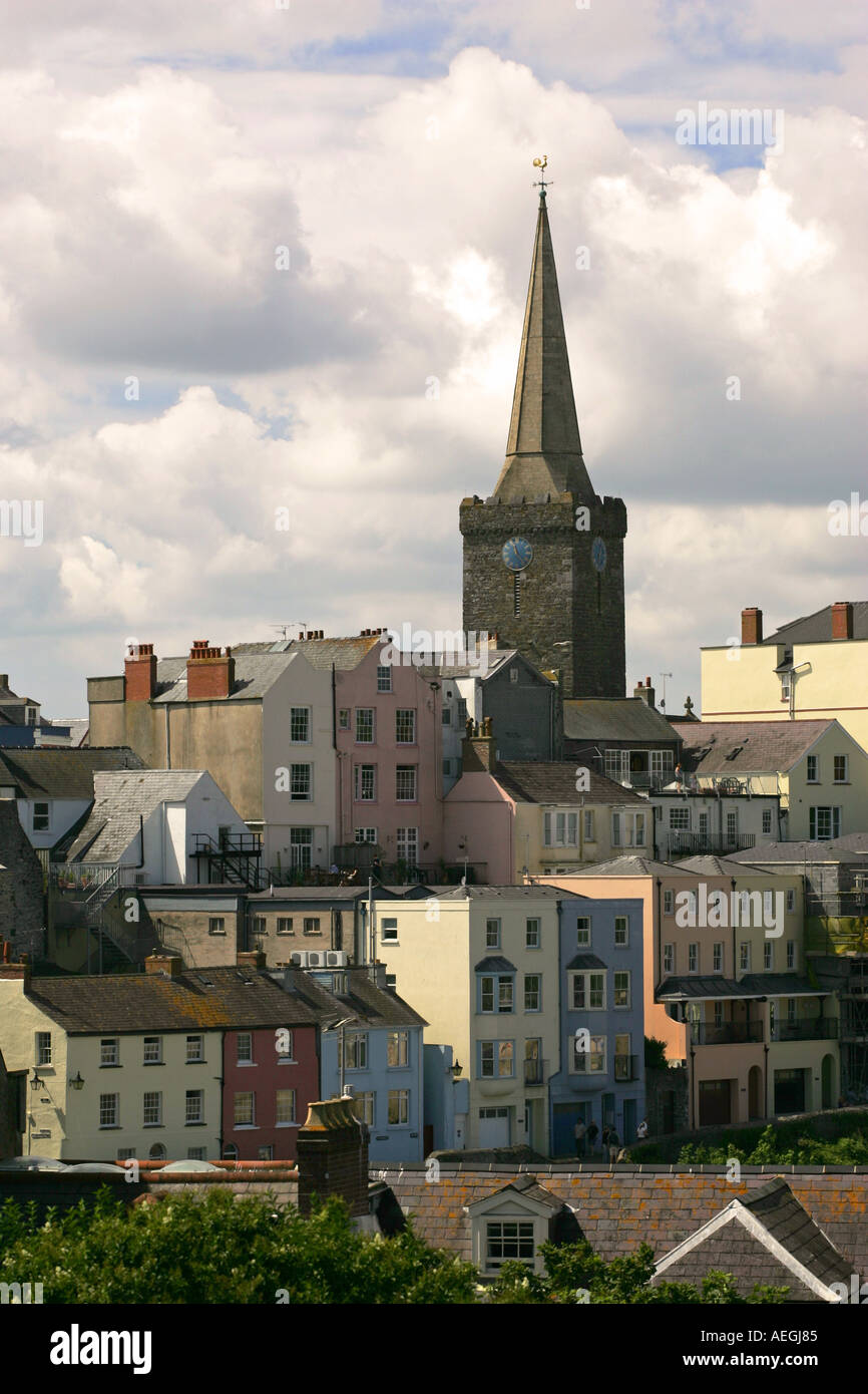 The spire of St Mary s Church Tenby dominates the colourful skyline of ...