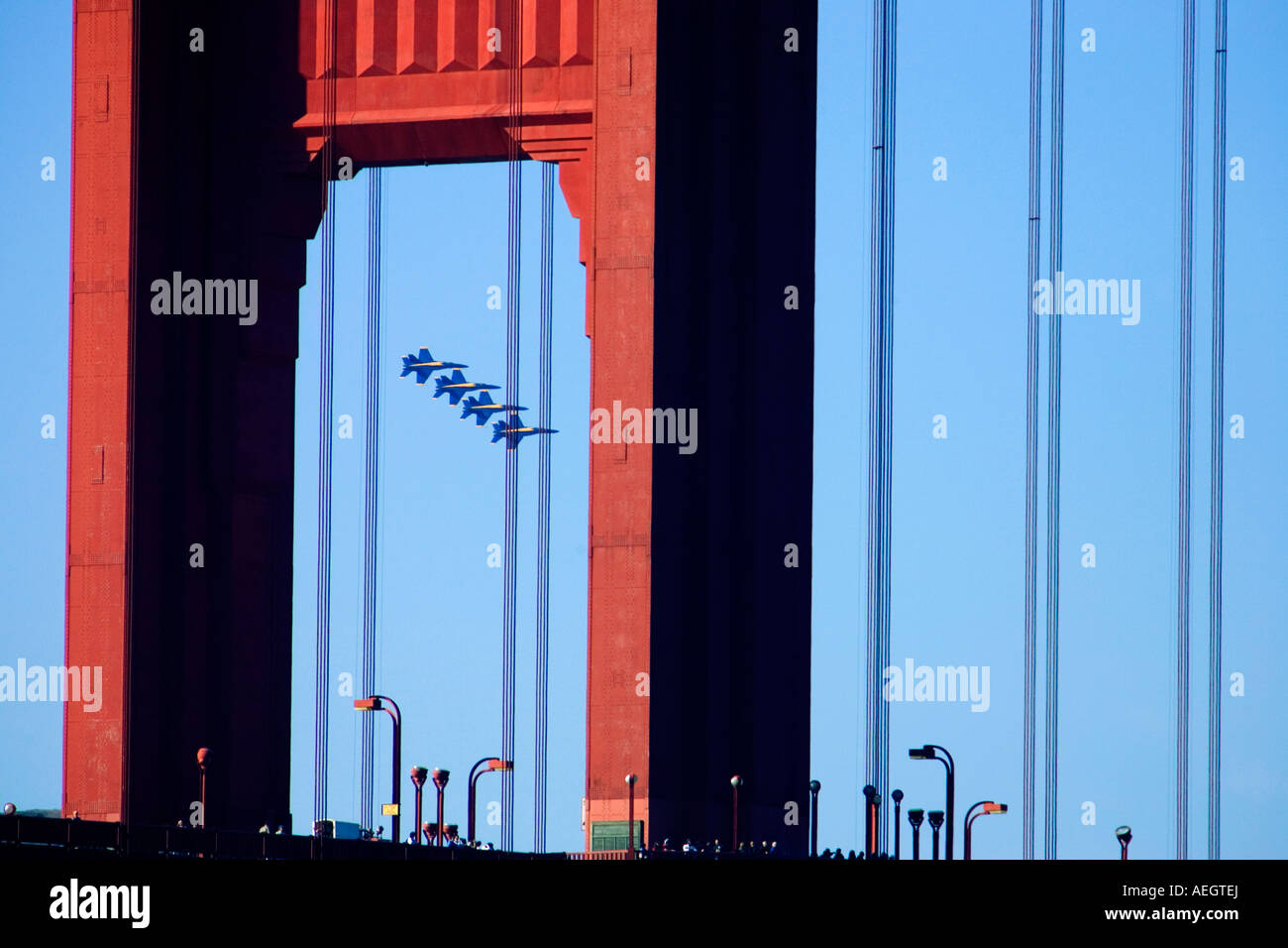 Blue Angels As Seen In Flight Through the Golden Gate Bridge Stock ...