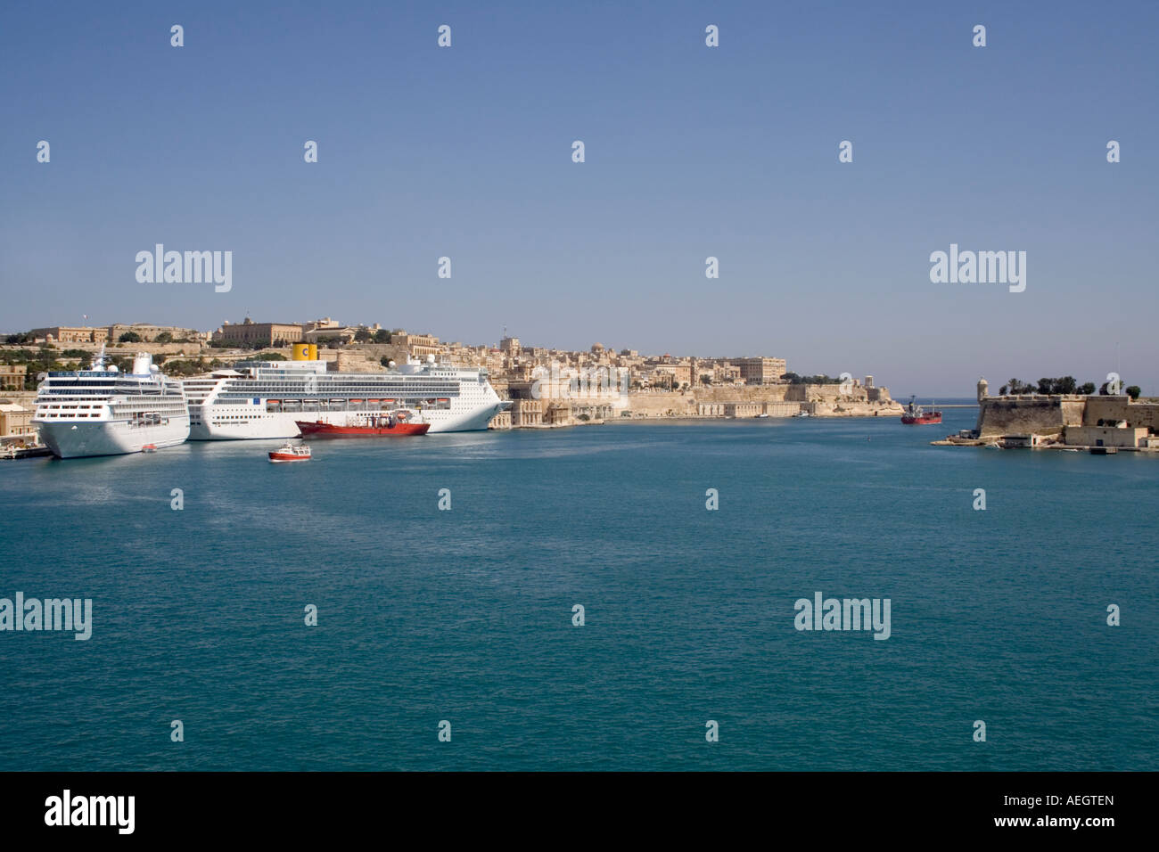 Cruise liners in the Grand Harbour, Malta, with Valletta on the left ...