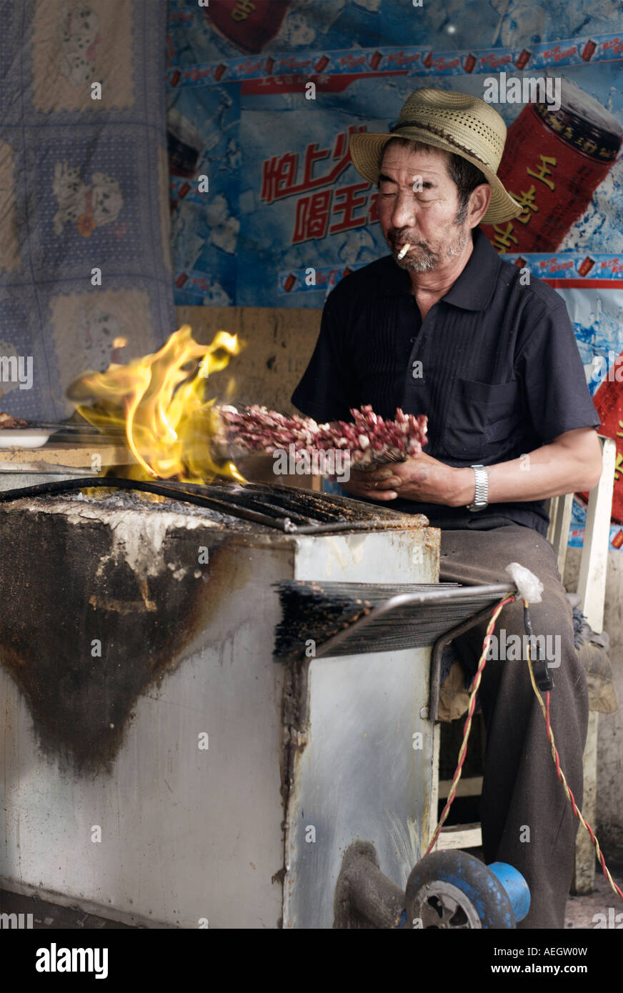 Man cooking satay meat on Lhasa street Stock Photo - Alamy