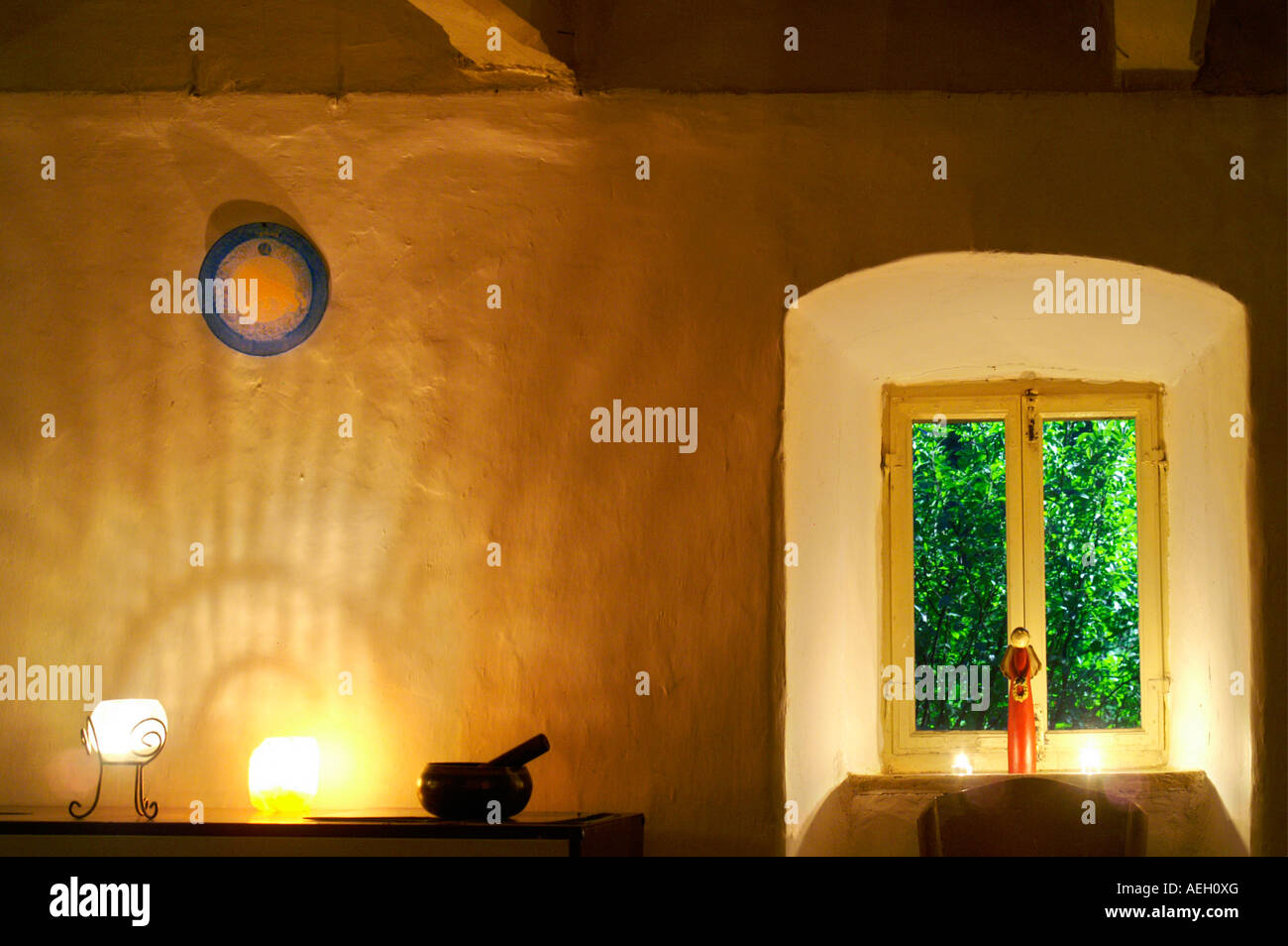 Interior stylish house medieval architecture night, arc window lit ...