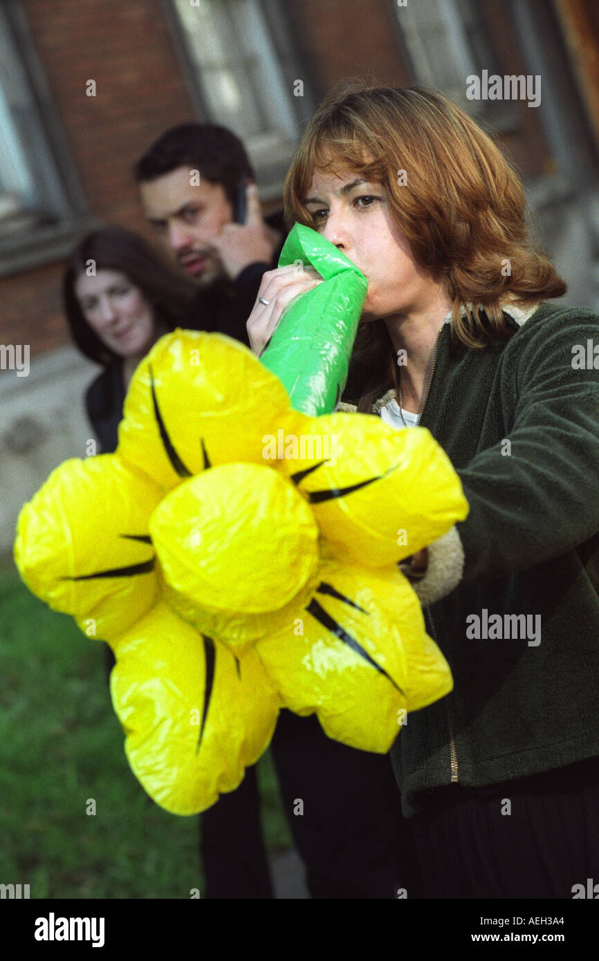 Welsh rugby fan blowing up an giant inflatable daffodil before a Wales ...