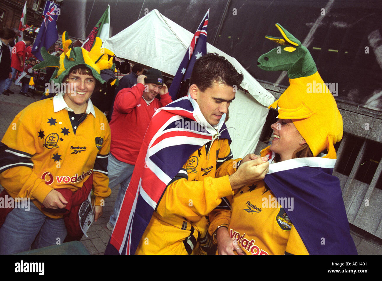 Australia rugby fans draped in Australian flags and wearing a wallabies ...