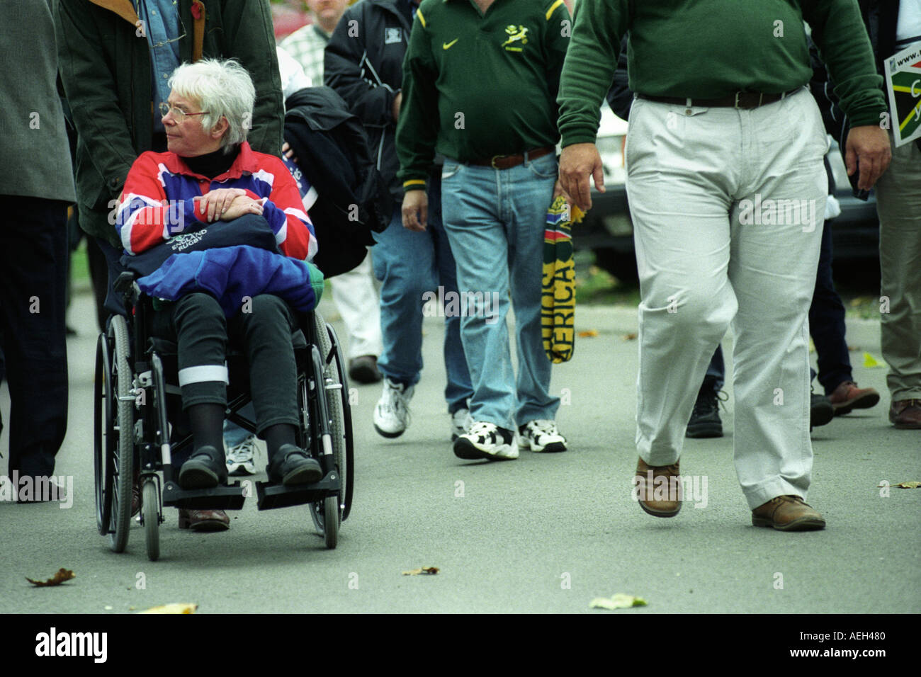 Australia fan in wheelchair amongst South Africa rugby fans before an ...