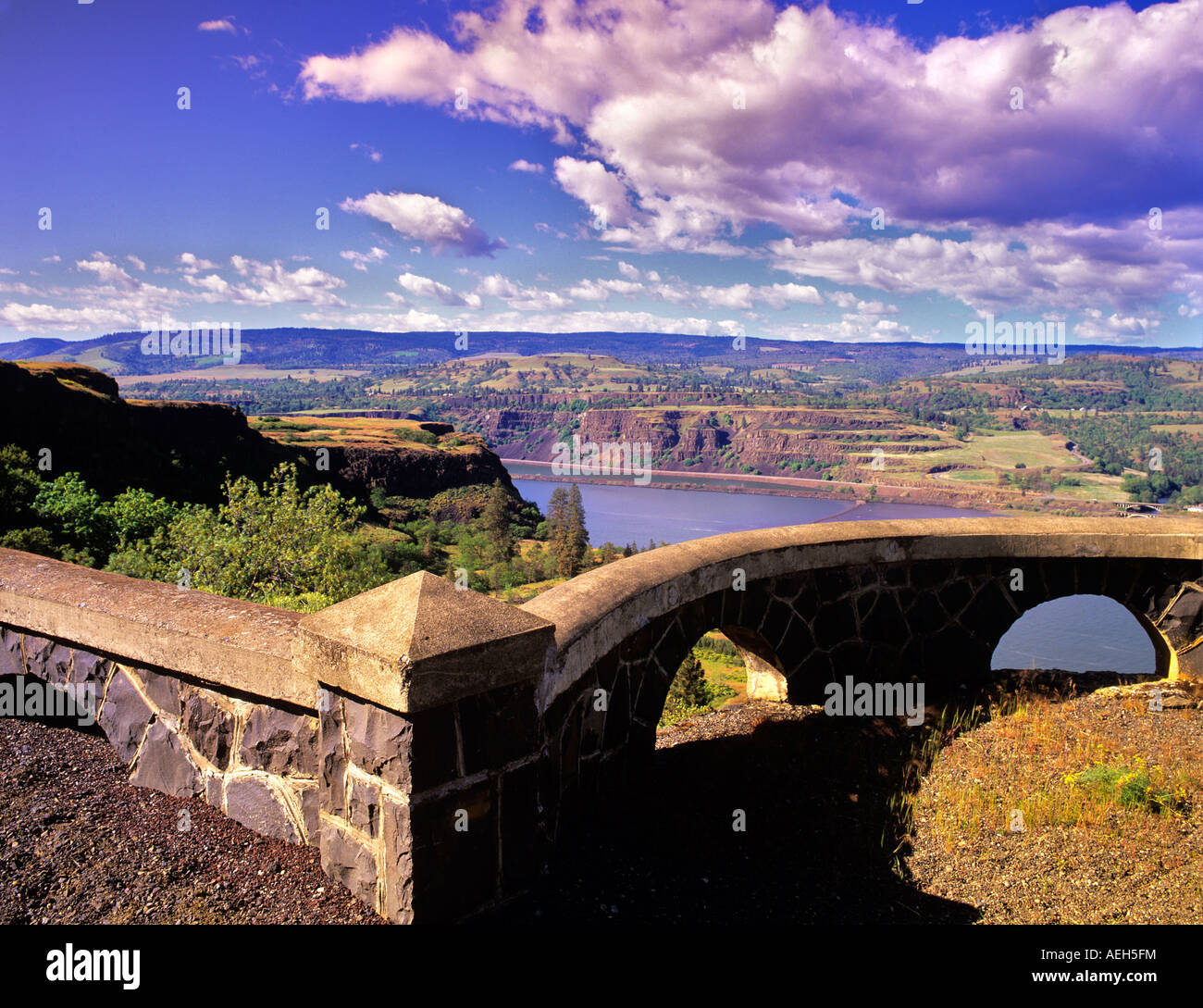 Rock wall overlook on the Columbia River Columbia River Gorge National ...
