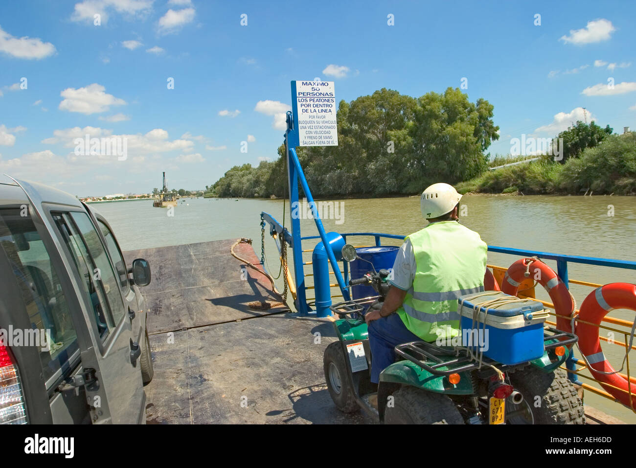 Coria del Rio Seville Province Spain Car ferry crossing Guadalquivir ...