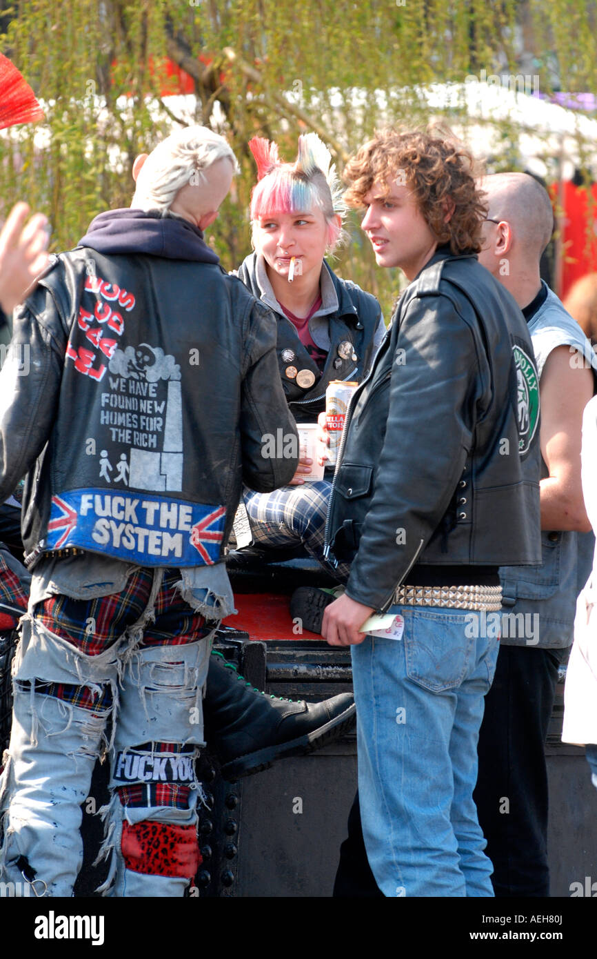 London , Camden Lock Market , punk group of friends in leather gear ...
