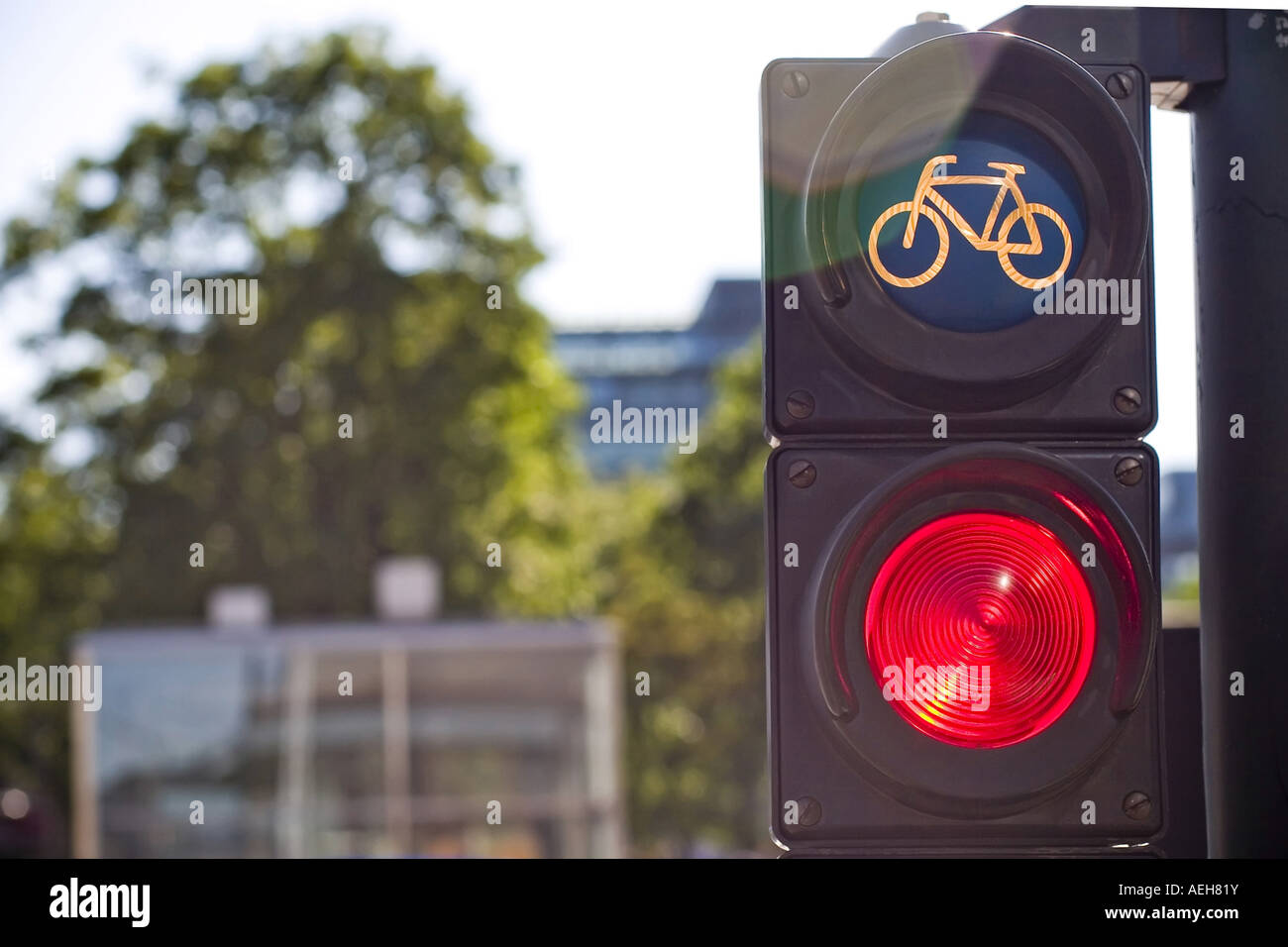 A traffic light for bicycles with a red light illuminating in Helsinki ...