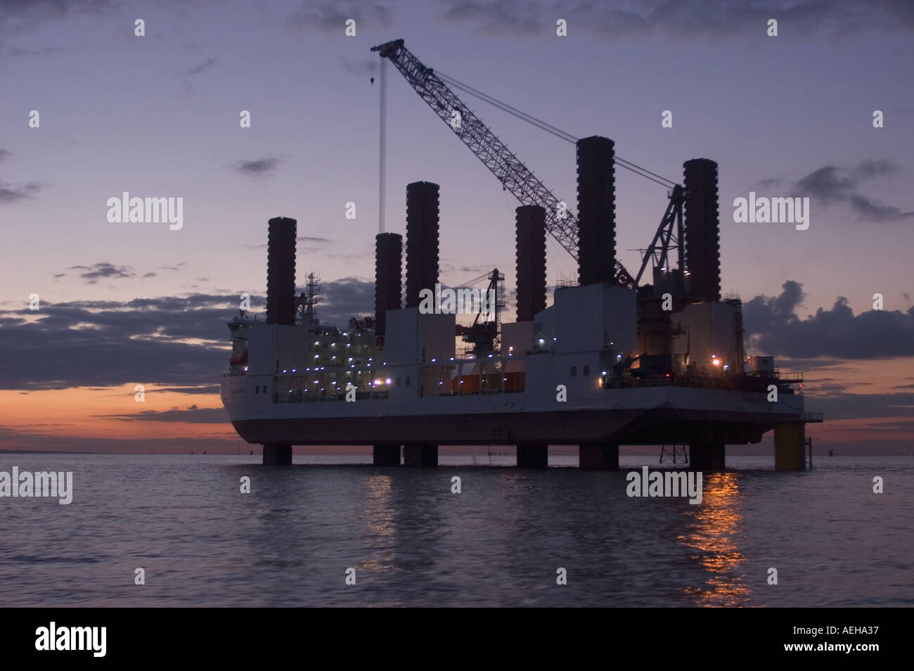 THe Jackup Ship the Resolution at sunset on the kentish flats Windfarm ...