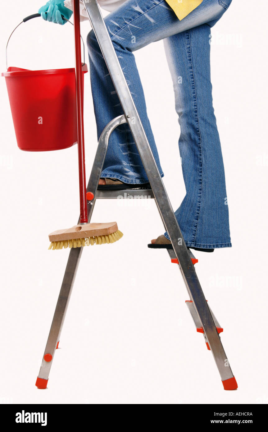 Woman standing on step ladder, holding bucket and brush Stock Photo - Alamy