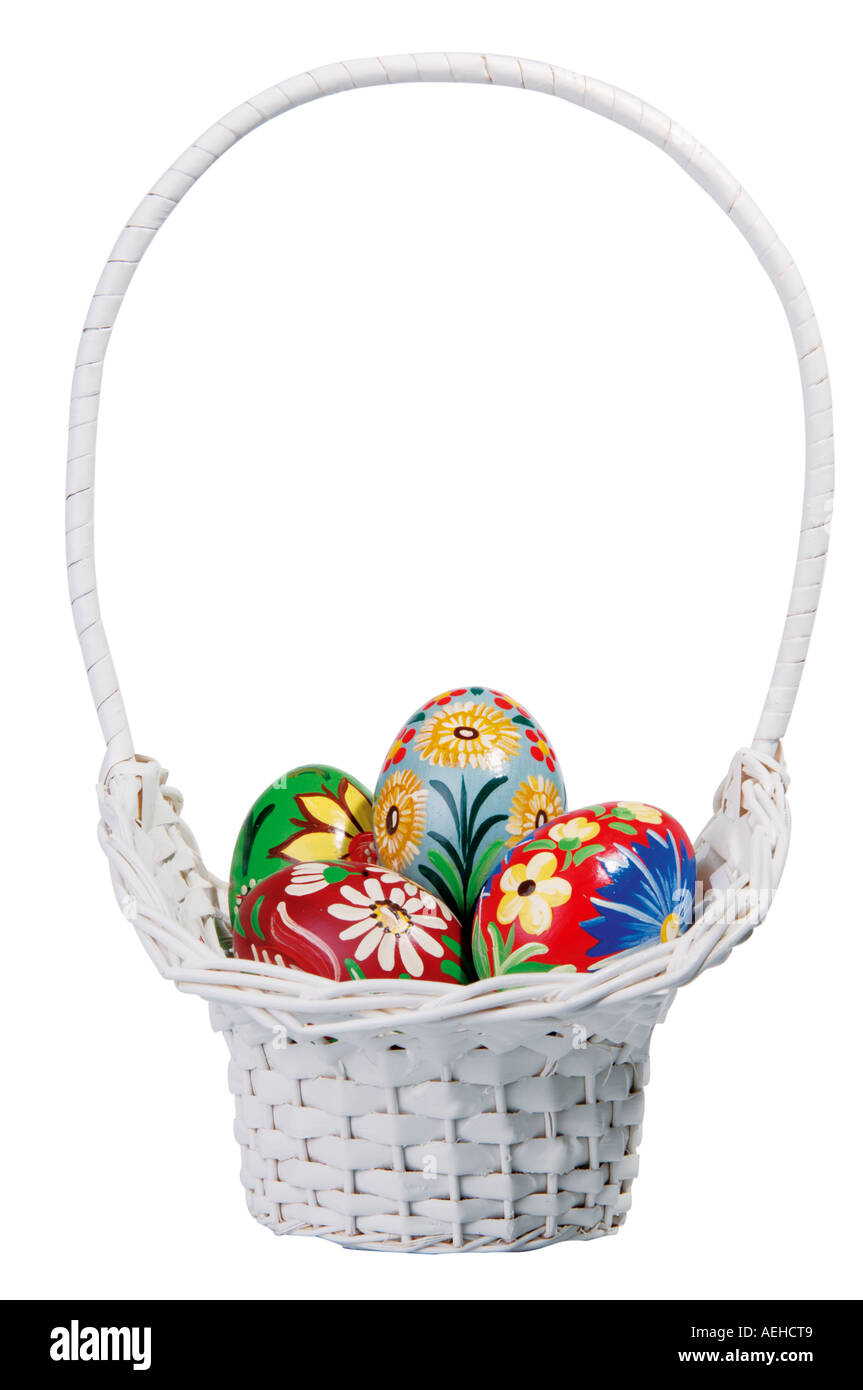 Easter eggs in white basket Stock Photo - Alamy