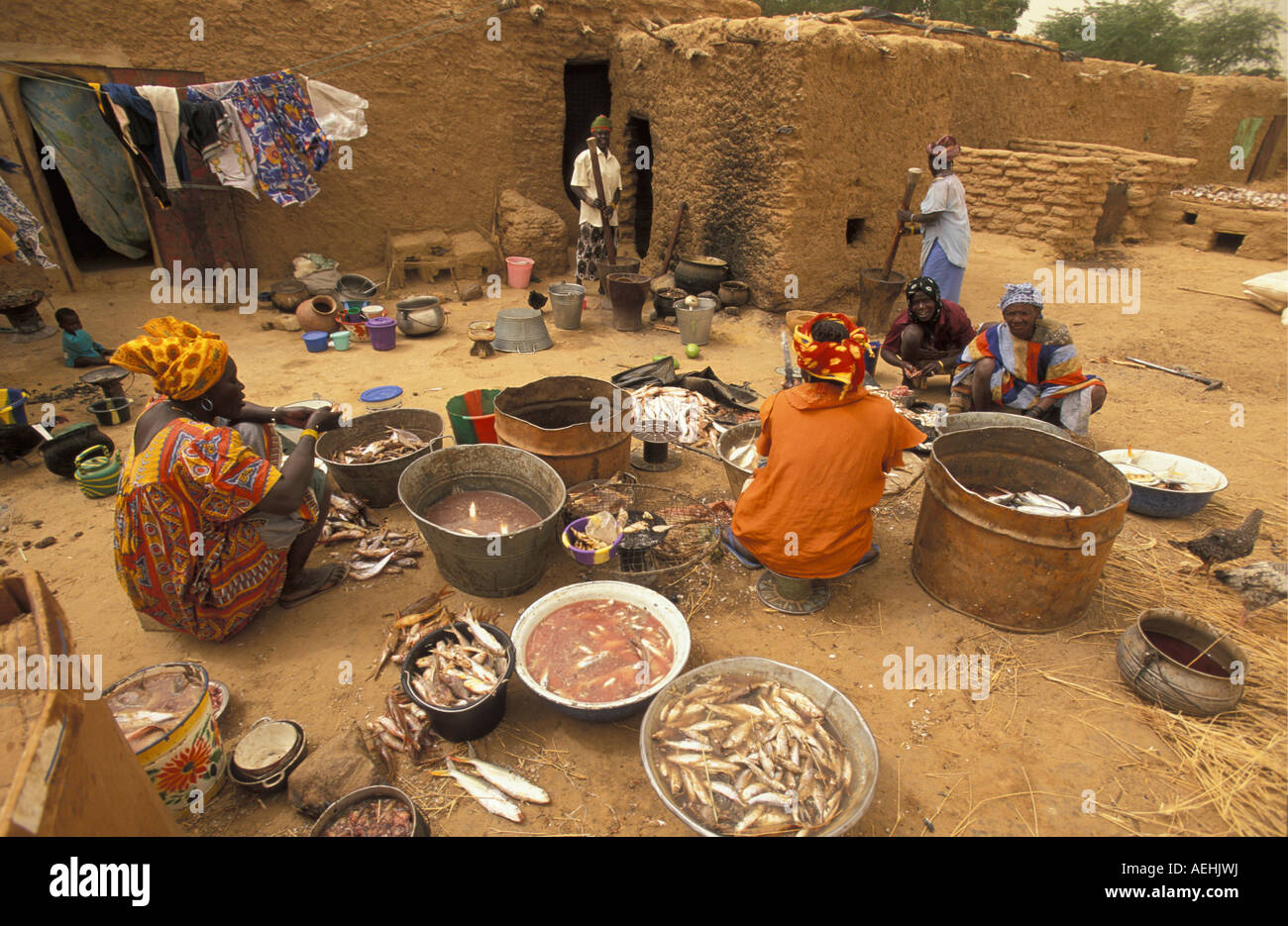 Mali Timbuktu Bamba Women of Sonrai tribe cleaning fish Stock Photo - Alamy