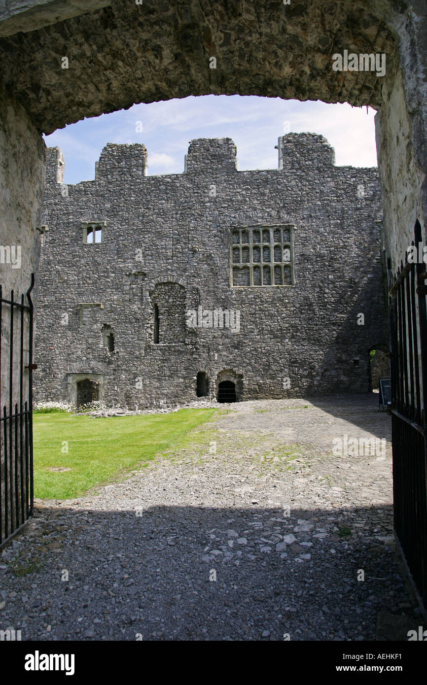 Gate house and portcullis entrance to Oxwich castle Gower peninsular ...