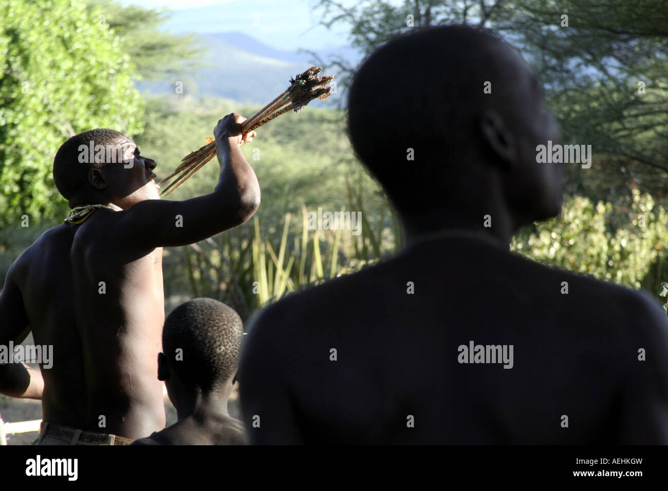 Members of of hunter gatherer Hadza tribe hunting with bow and arrows ...