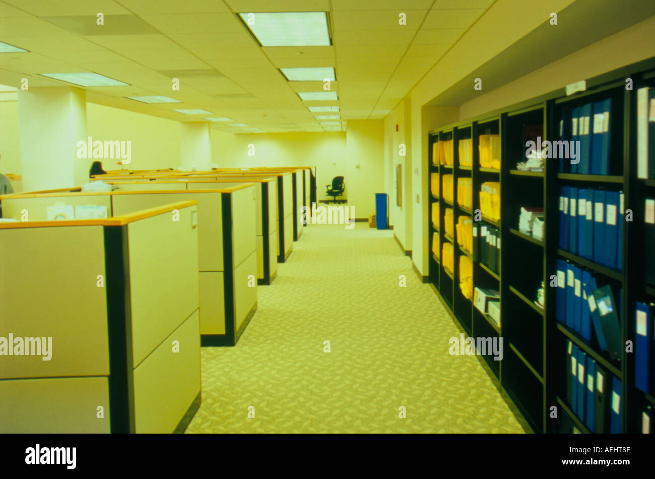 Office interior with cubicles and book shelves Stock Photo - Alamy
