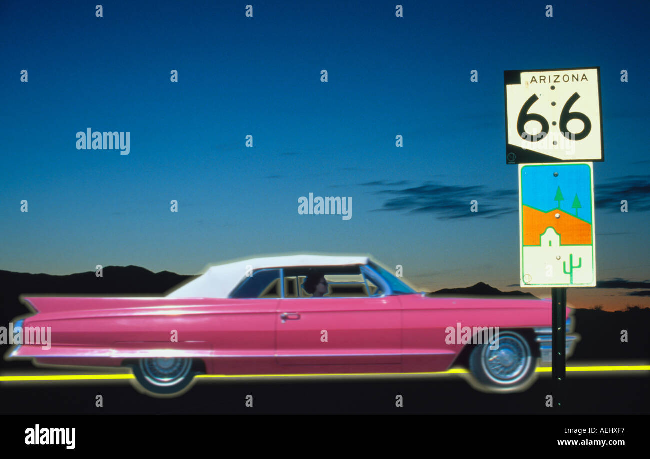 Woman driving pink Cadillac down Midwest highway Stock Photo - Alamy