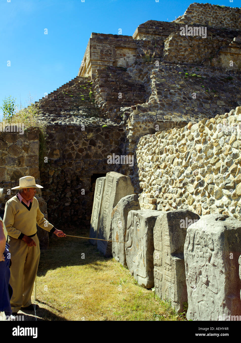A guide explaining the carvings on the Dancers Stones at Monte Alban ...