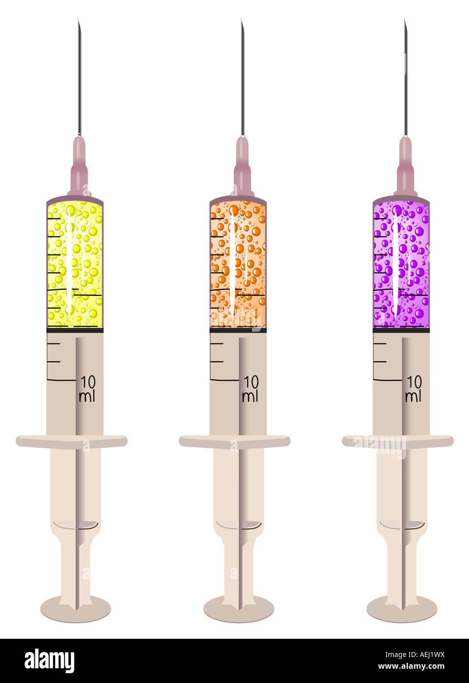 Three syringes filled with colored liquid vector Stock Photo - Alamy