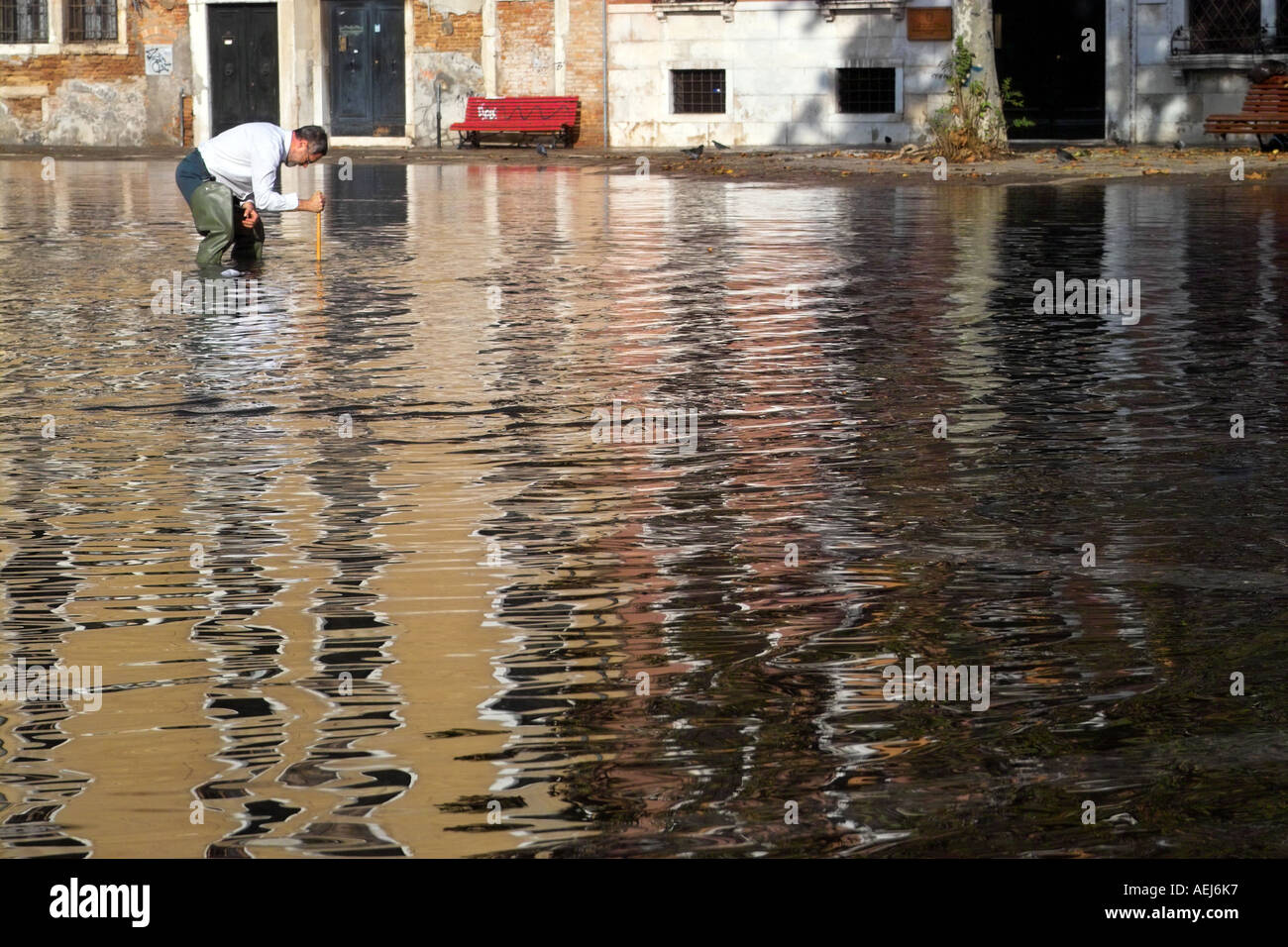 Man wearing waders trying to clear drainage in flooded Venice campo ...