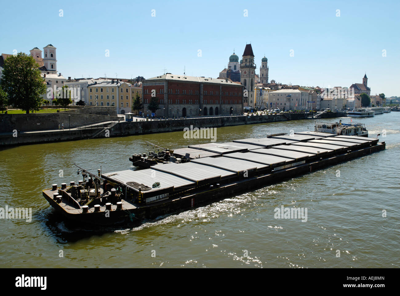Passau Lower Bavaria Germany freight barge on the river Danube below ...