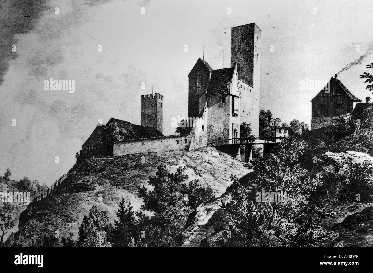 Ancient engraving of castle Gruenwald, Munich, Bavaria, Germany Stock ...