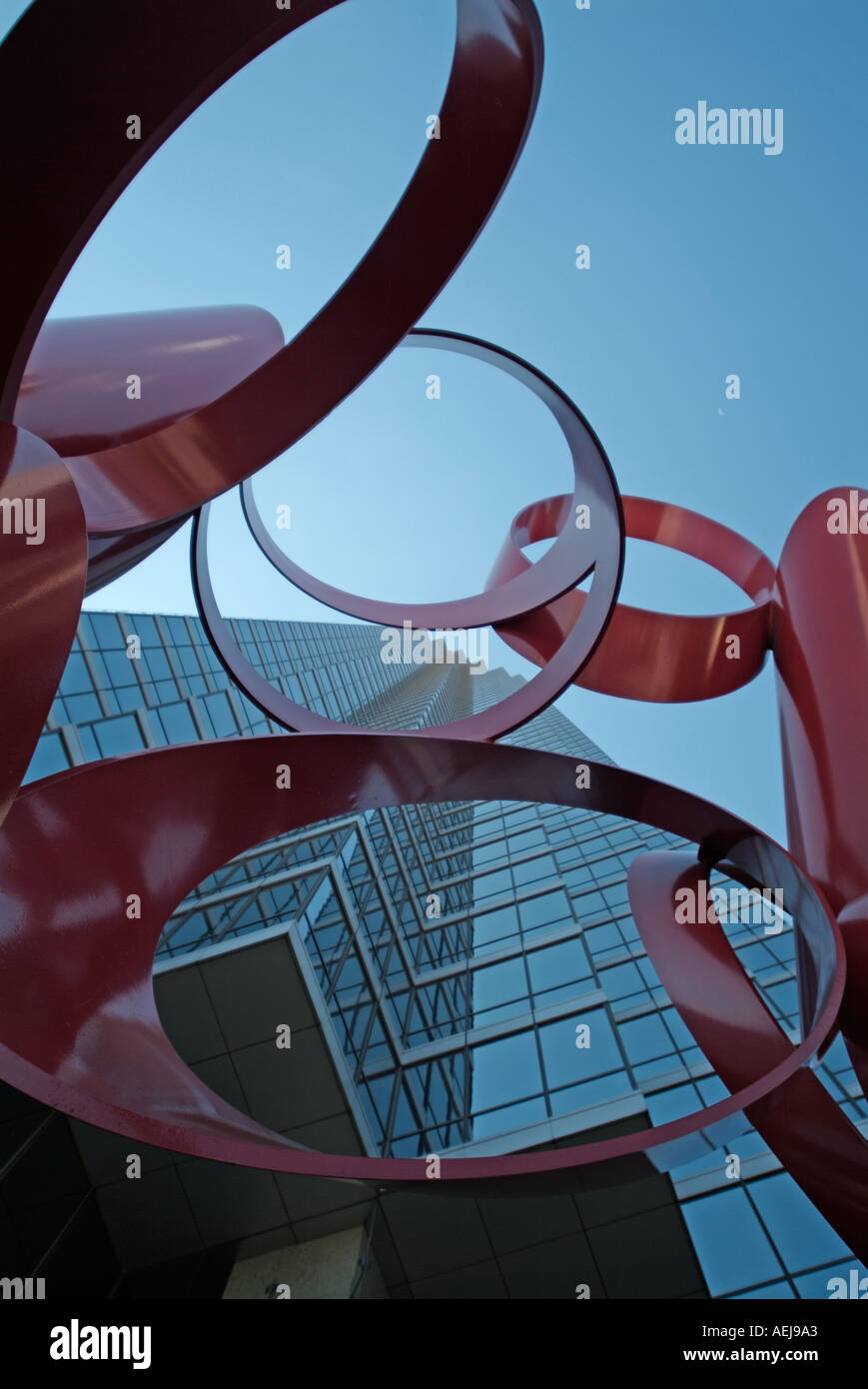 Skyscraper and metal sculpture in downtown of Dallas, Texas Stock Photo ...
