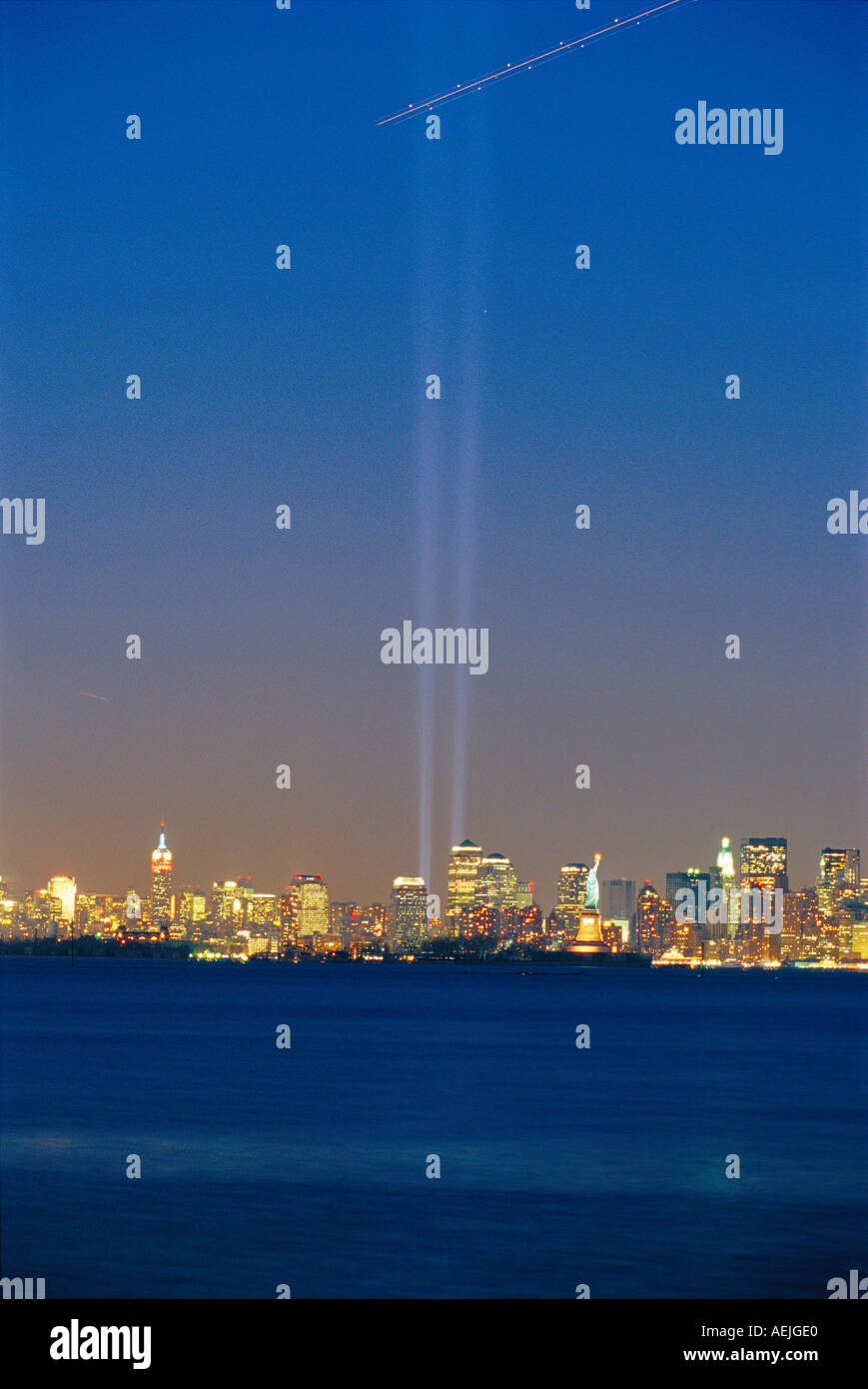 NY NYC skyline with Tribute of Light at night Stock Photo - Alamy