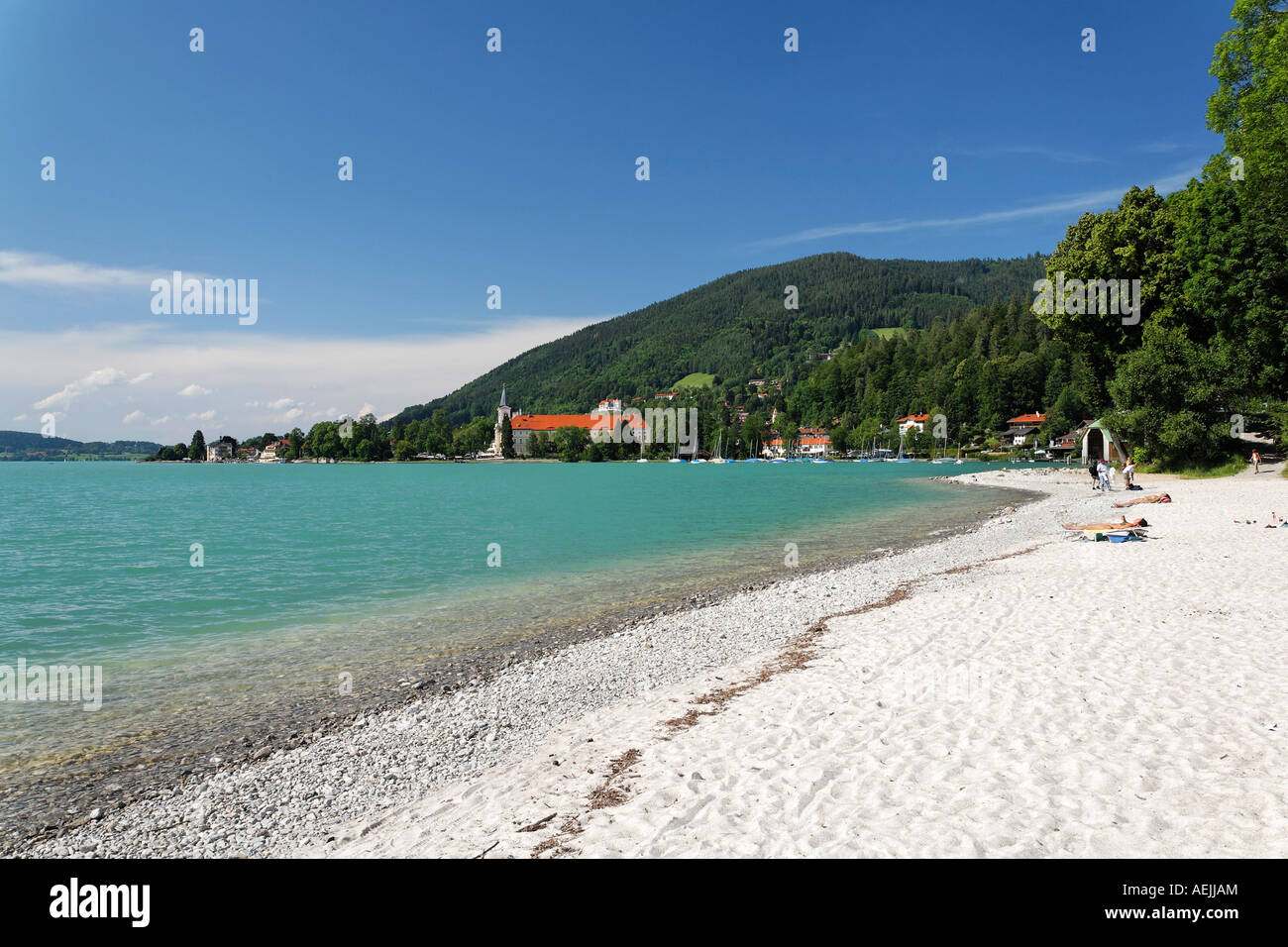 Beach at lake Tegernsee, abbey Tegernsee, Upper Bavaria Germany Stock ...