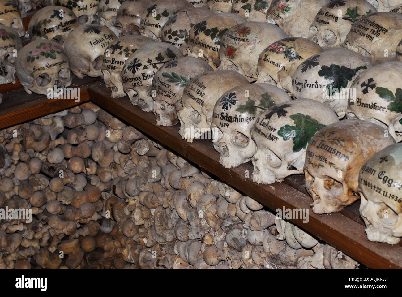 Skull skulls paint ossuary charnel house Hallstatt, Salzkammergut ...