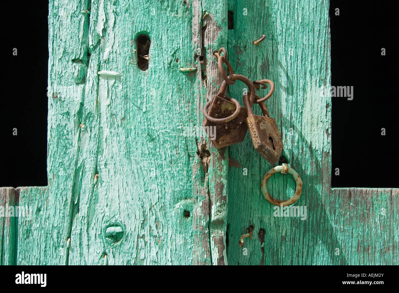 Green door, with rusty lock, Greece Stock Photo - Alamy