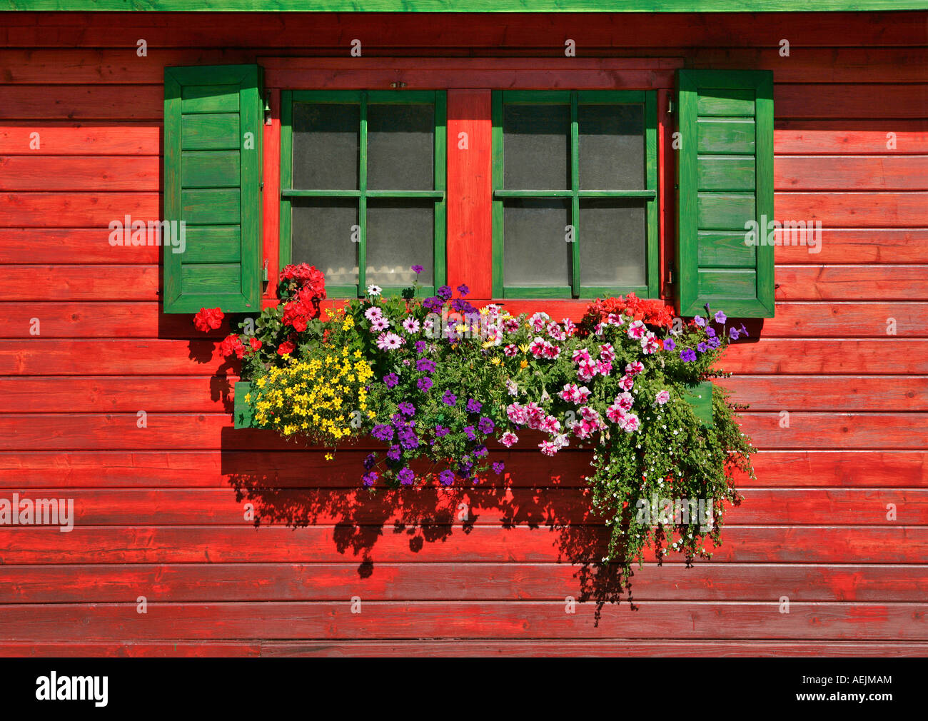 Flower boxes at a hut Stock Photo - Alamy