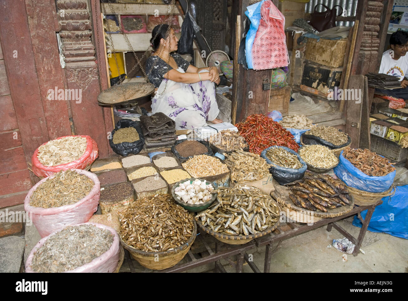 Market booth with dried fish at Durbar Square, Kathmandu, Nepal Stock ...