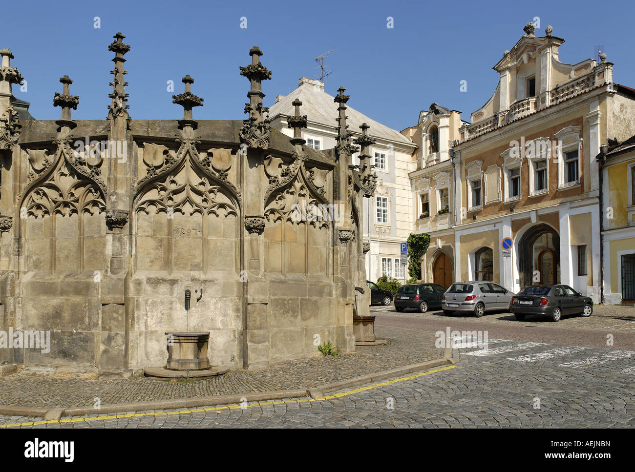 Stone fountain, historic old town of Kutna Hora, Kuttenberg, central ...