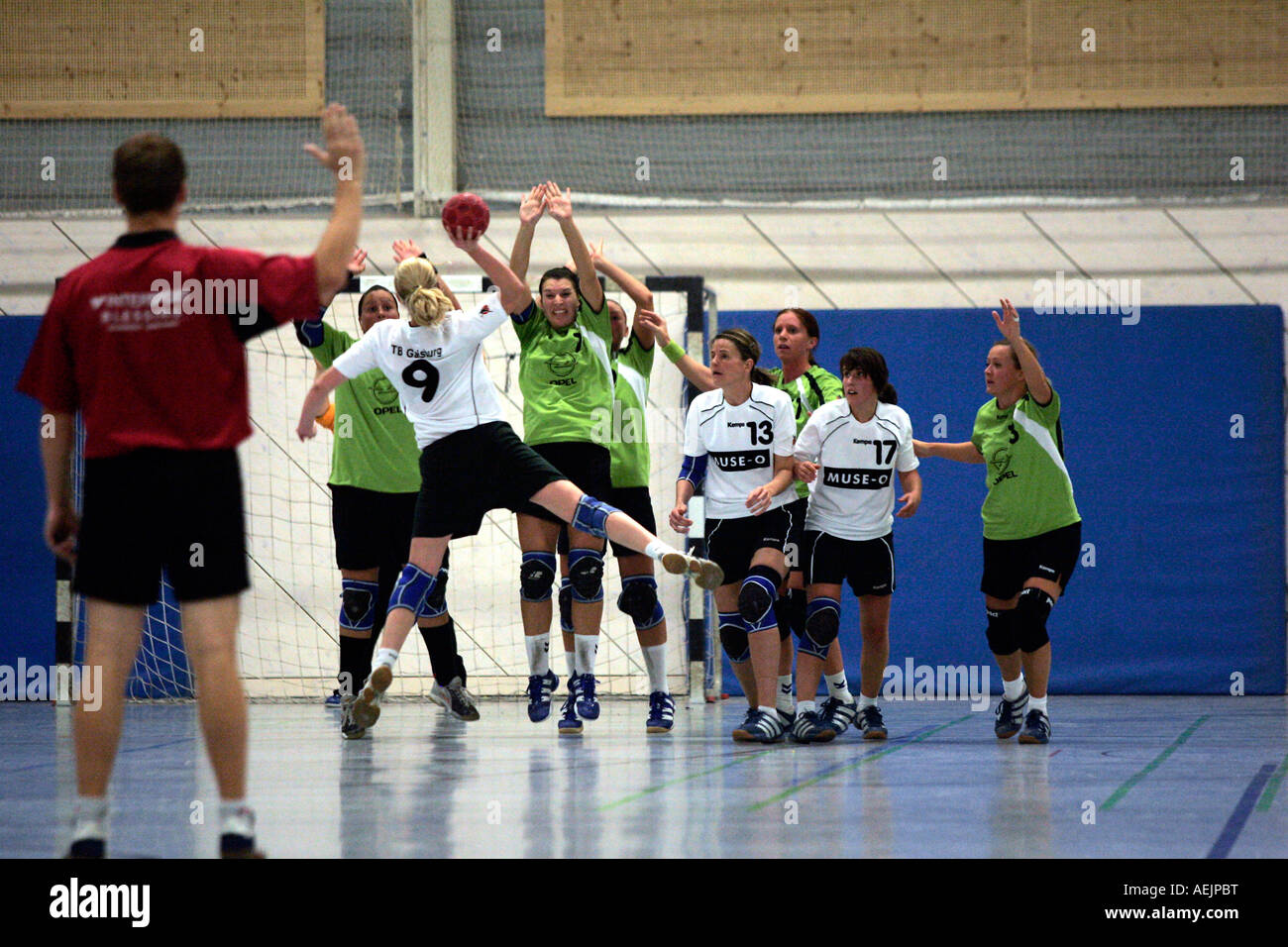 Handball, player throwing ball towards the goal, Stuttgart, Baden ...