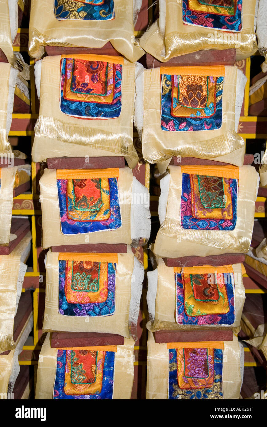 Bookshelf of a buddhist monastery library, Nepal Stock Photo - Alamy