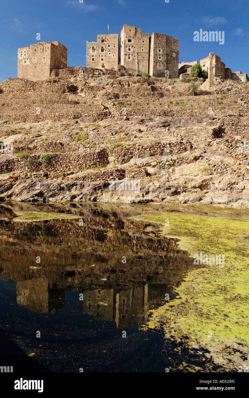 Historic cisterne in the mountain village Shaharah, Yemen Stock Photo ...