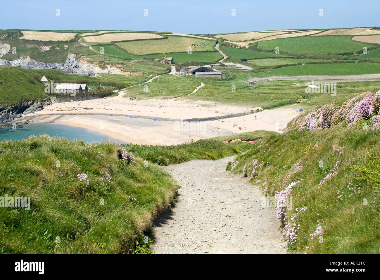 South West Coast Path and idyllic Cornwall vista leading down to sandy ...