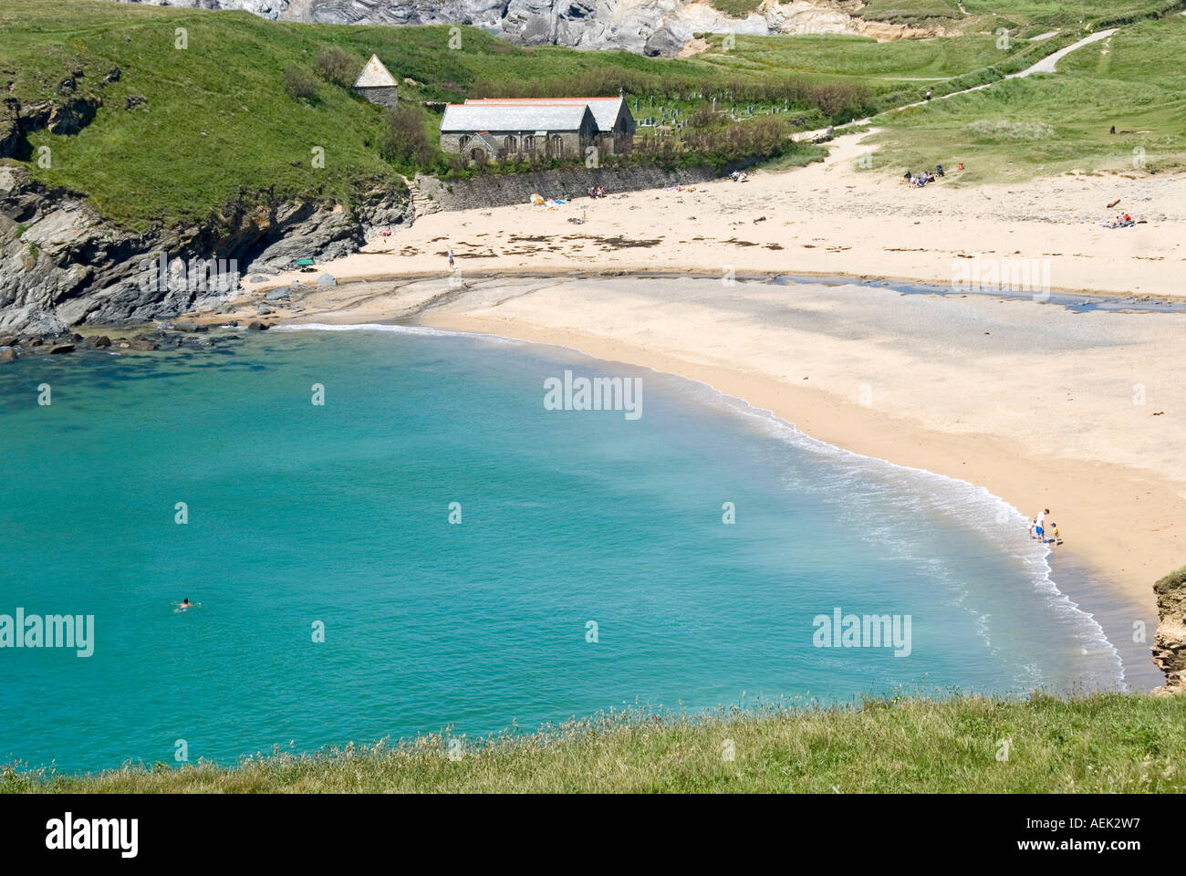 Church Cove Gunwalloe from South West Coast Path few people at waters ...