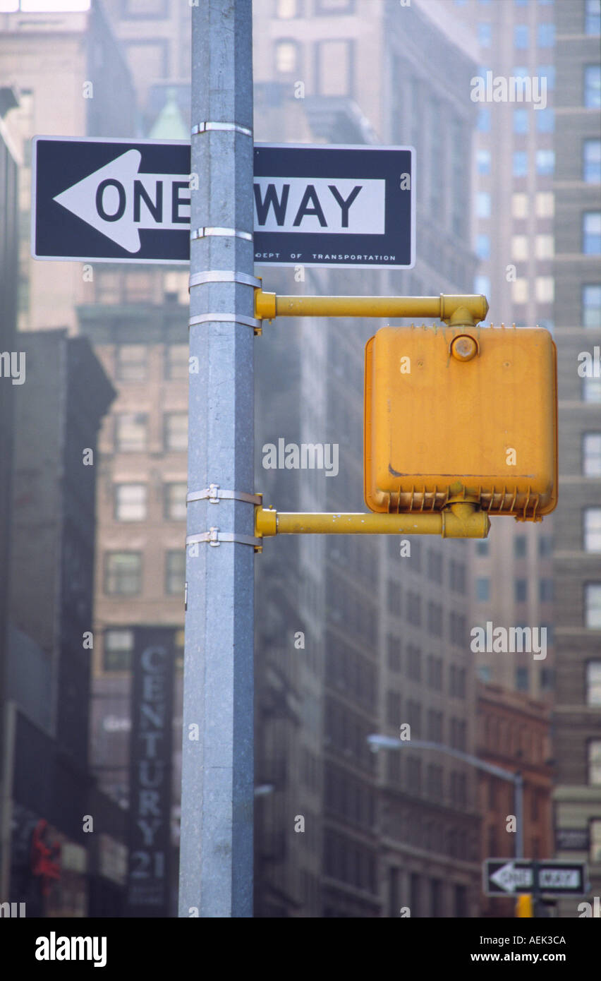 One way sign at Ground Zero New York USA with in the background brick ...