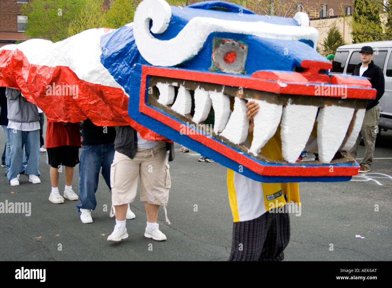 Ceremonial dragon parade participant painted in the colors of Puerto ...