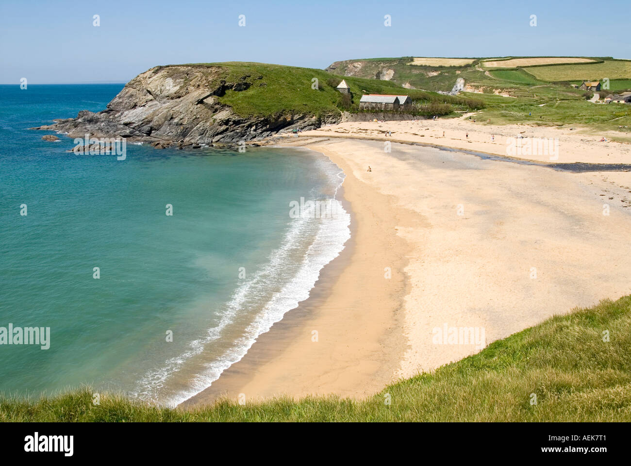 Seaside landscape view from South West Coast Path sandy Cornwall beach ...